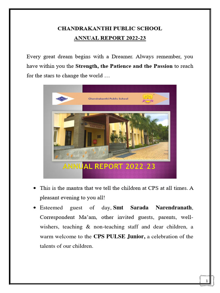 Chandrakanthi Public School Annual Report 2022 23 | PDF | Teachers | Sports
