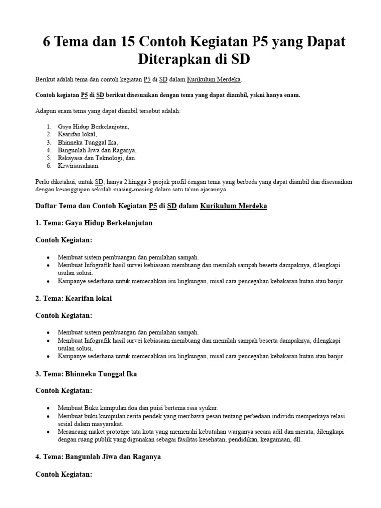 6 Tema Dan 15 Contoh Kegiatan P5 Yang Dapat Diterapkan Di SD | PDF