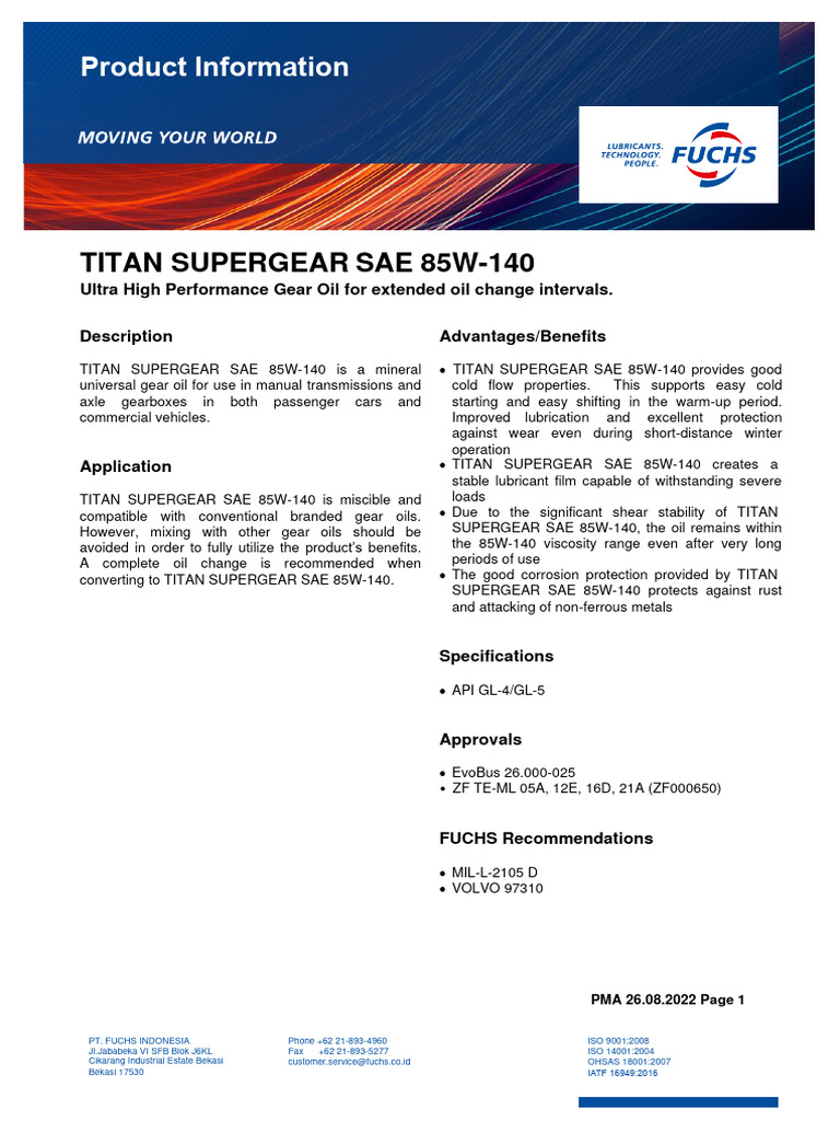 TITAN SUPERGEAR SAE 85W-140 Gear Oil | PDF | Motor Oil | Mechanical ...