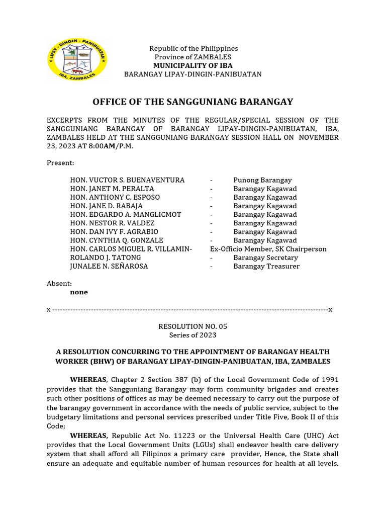 Resolution On The Appointment of Barangay Health Worker | PDF