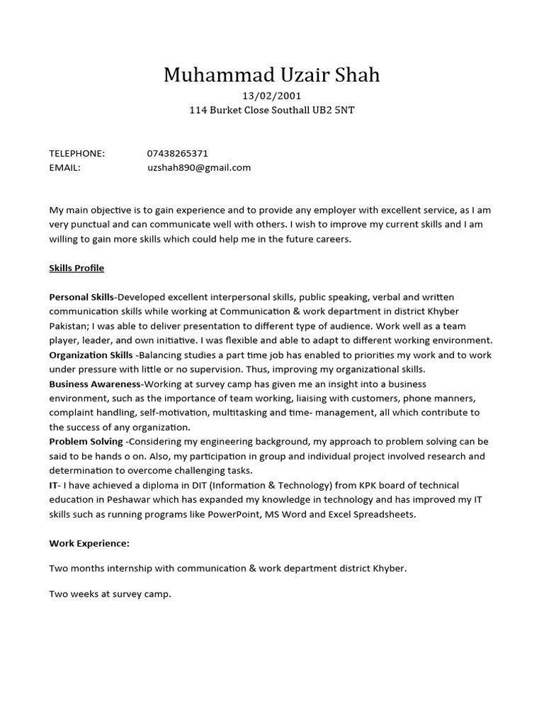 Uzair Shah CV | PDF | Communication | Khyber Pakhtunkhwa
