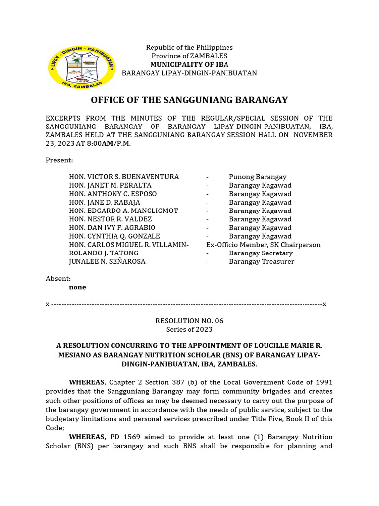 Resolution On The Appointment of Barangay Nutrition Scholar | PDF ...