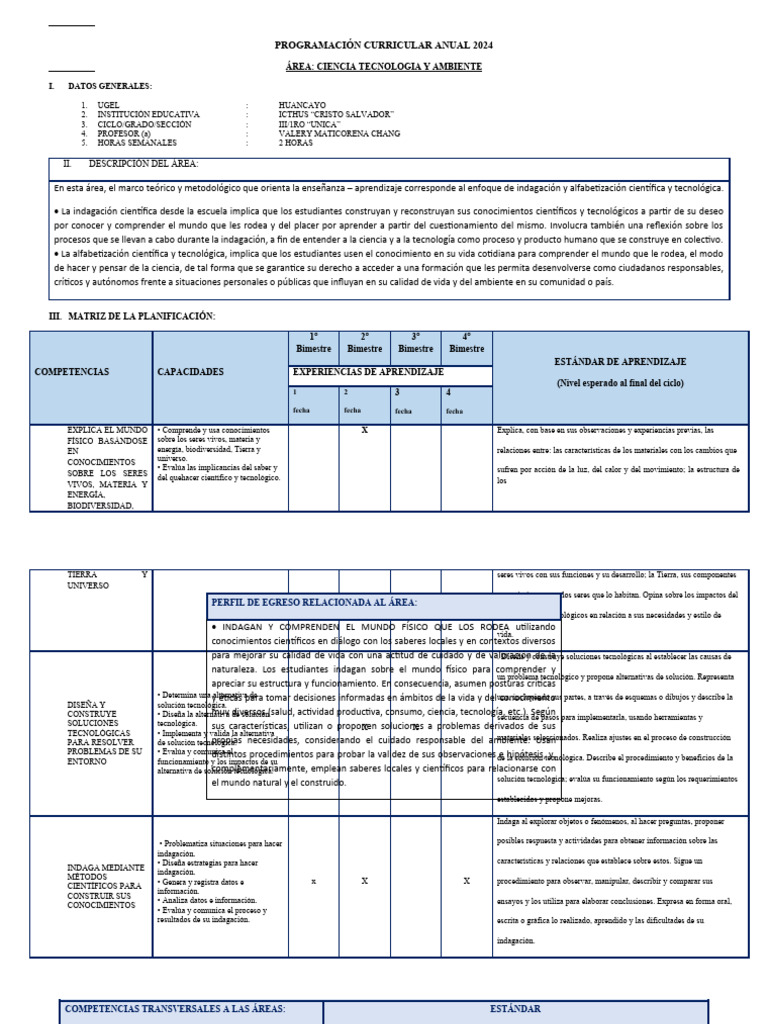 Programación Curricular Anual 2024 - 1ro Cta | PDF | Aprendizaje | Evaluación