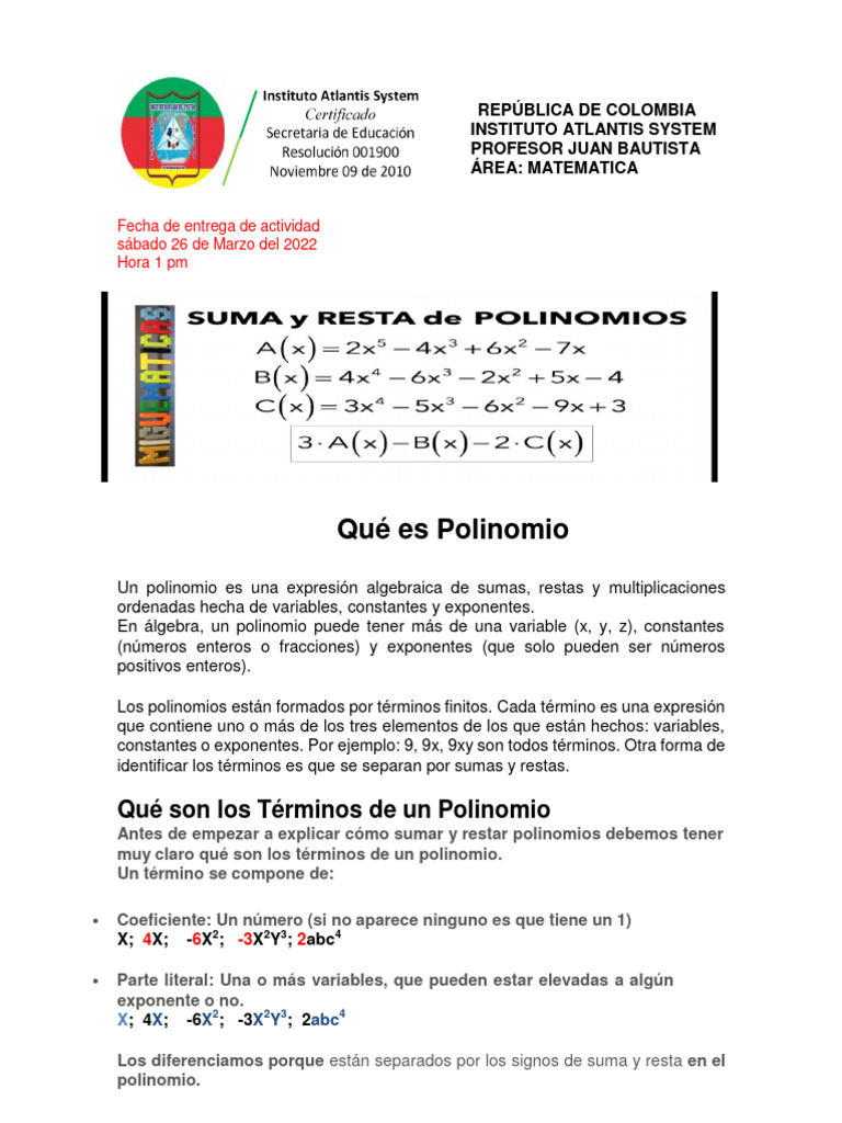Polinomis_Suma_y_Resta | PDF | Matemática Elemental | Álgebra
