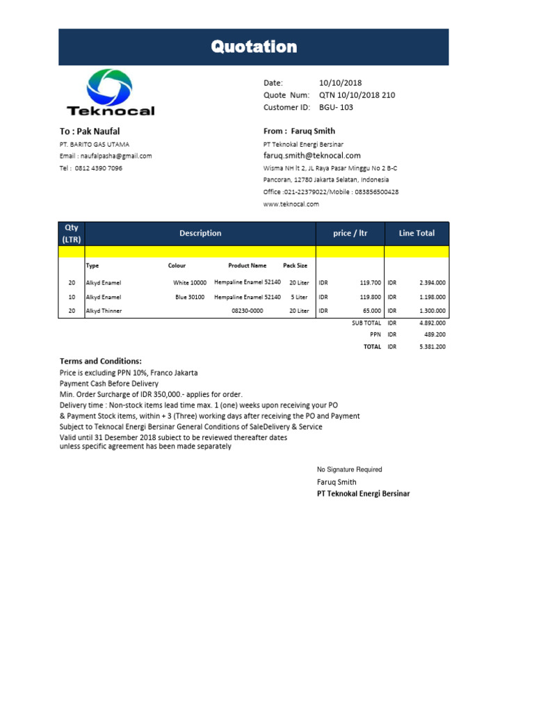 Quotation for PT Barito Gas Utama | PDF