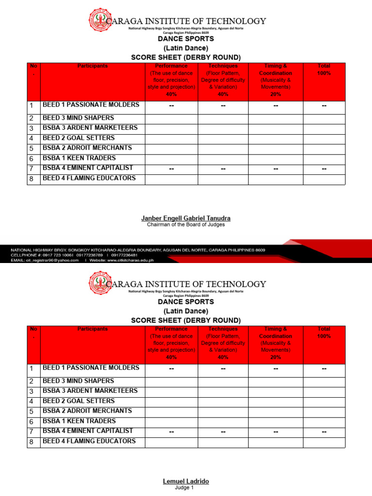 Caraga Tech Dance Sports Score Sheet | PDF | Entertainment | Dances