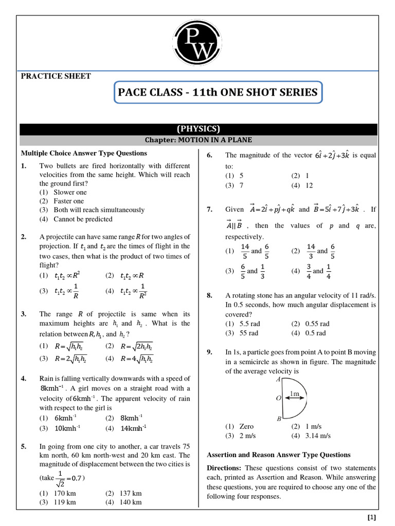MOTION IN A PLANE - Practice Sheet - PACE CLASS - 11TH ONE SHOT SERIES ...