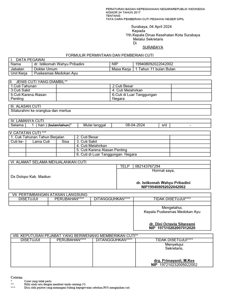 Form Cuti Lebaran Ii A4 | PDF
