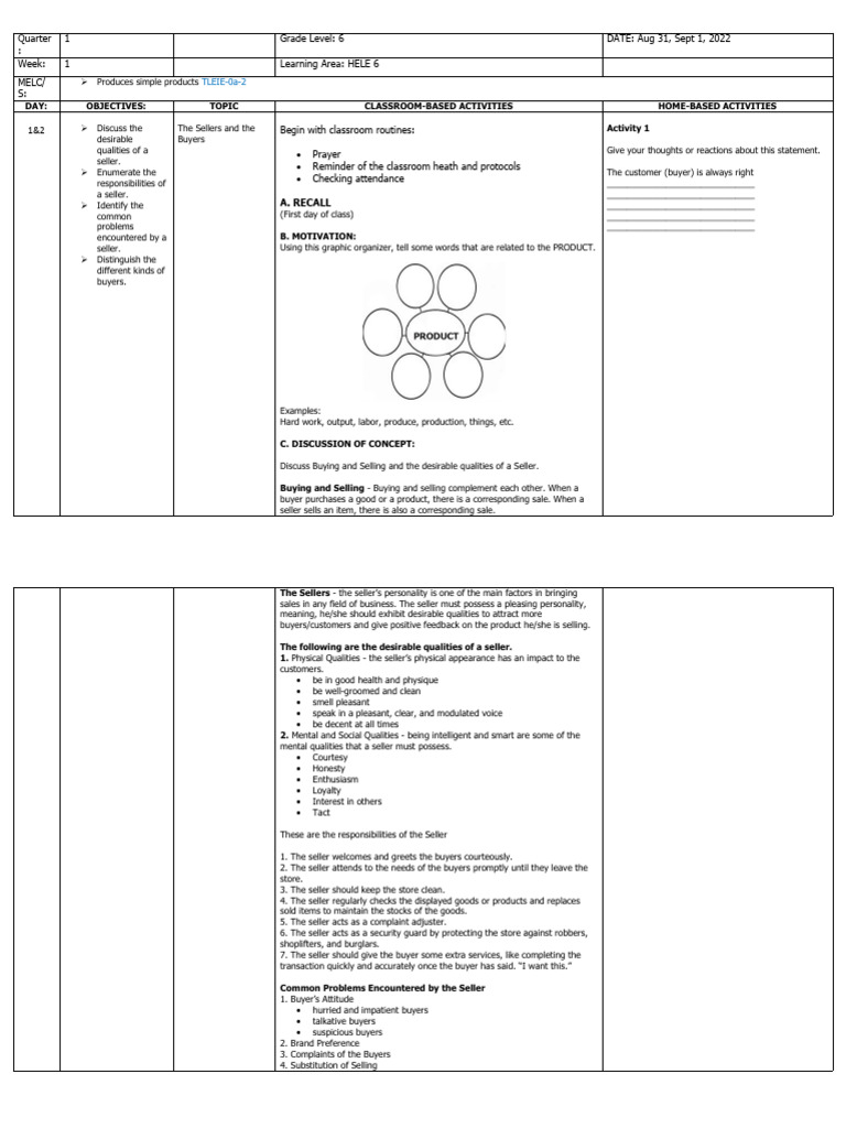 HELE 6 LESSON PLAN - The Sellers and The Buyers | PDF | Sales | Human ...