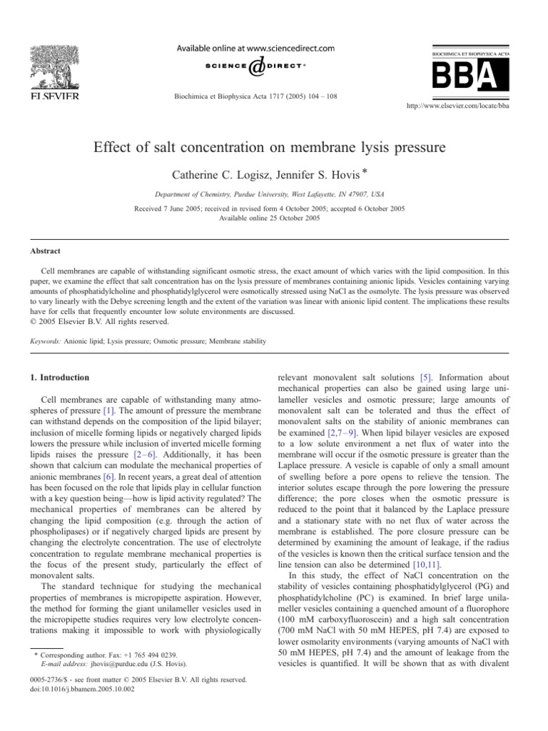 Effect of Salt Concentration On Membrane Lysis Pressure | PDF | Lipid ...