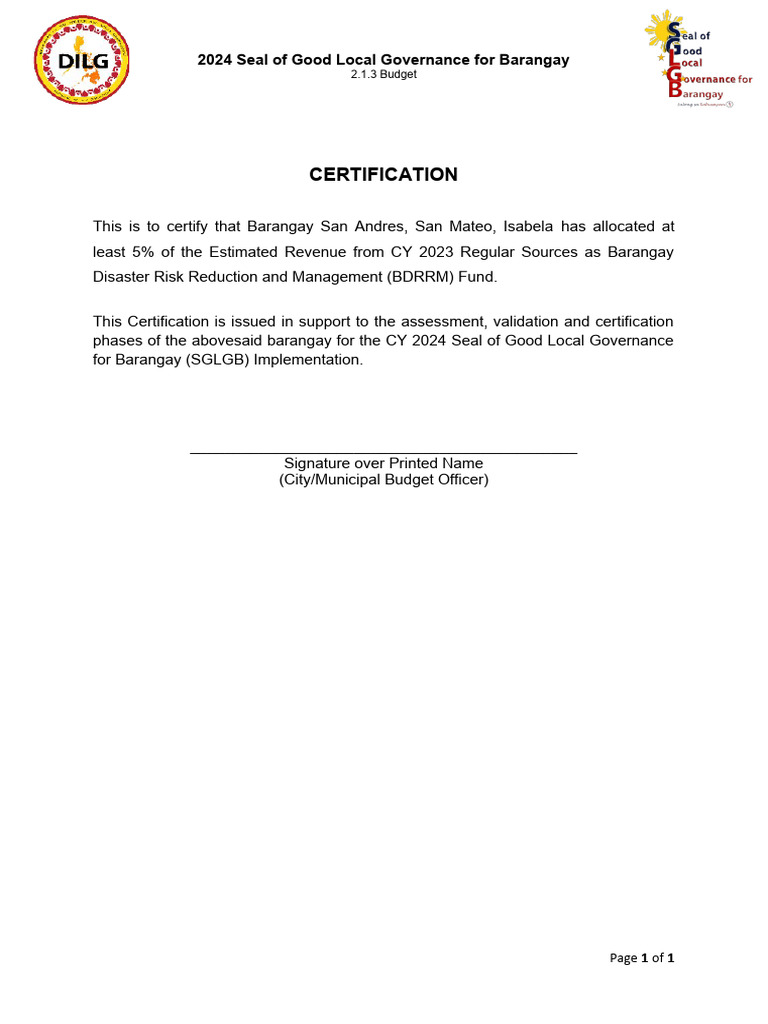 SGLG - 2.1.3 Certification-P 15of73 | PDF | Business | Finance & Money Management