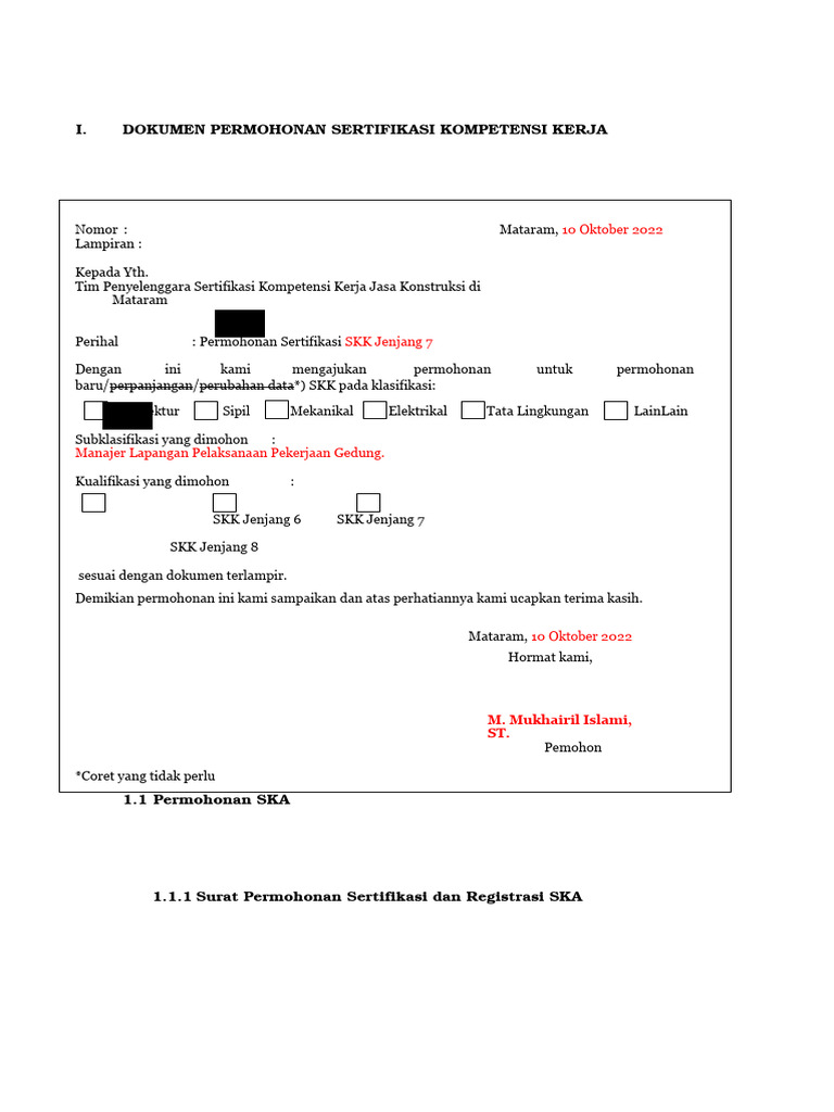 Blangko Permohonan Uji SKA 2022 - Contoh Isian | PDF