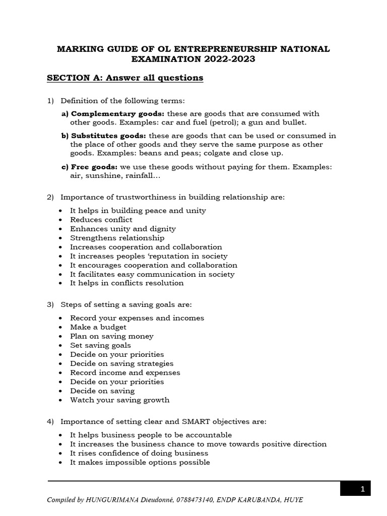 Marking Guide for Entrepreneurship Exam 2023 | PDF | Financial Risk | Goods