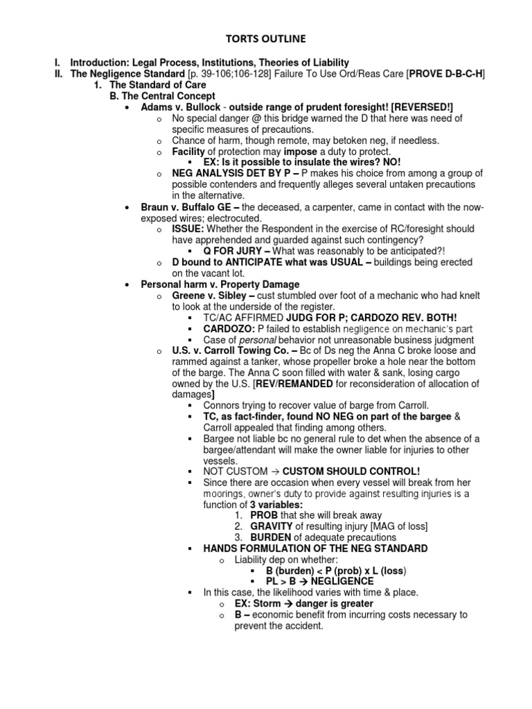 Long Tort Outline | PDF | Negligence | Reasonable Person