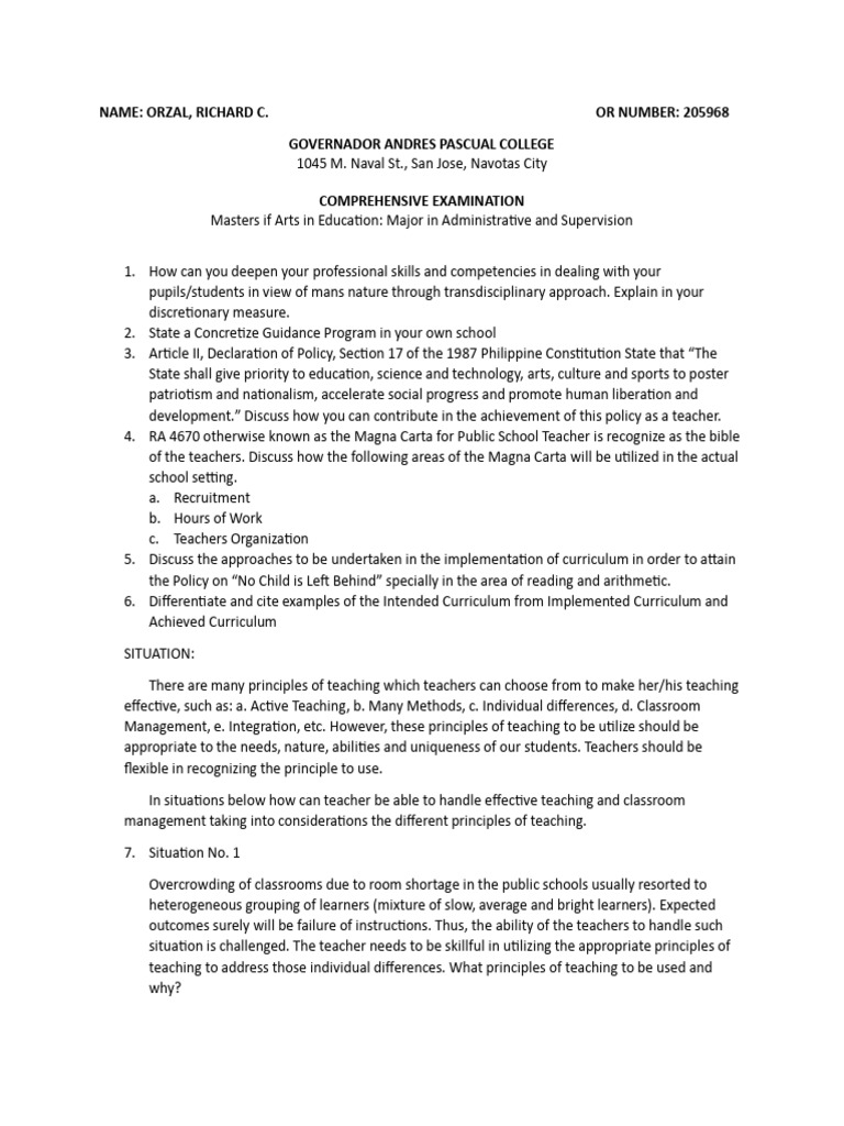 Compre Exam - Richard Orzal - 205968 | PDF | Curriculum | Learning