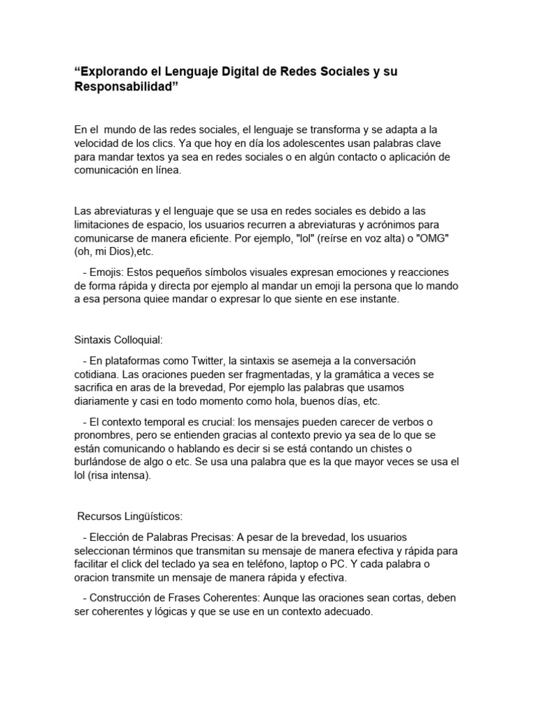 Explorando el Lenguaje Digital de Redes Sociales y su Responsabilidad | PDF