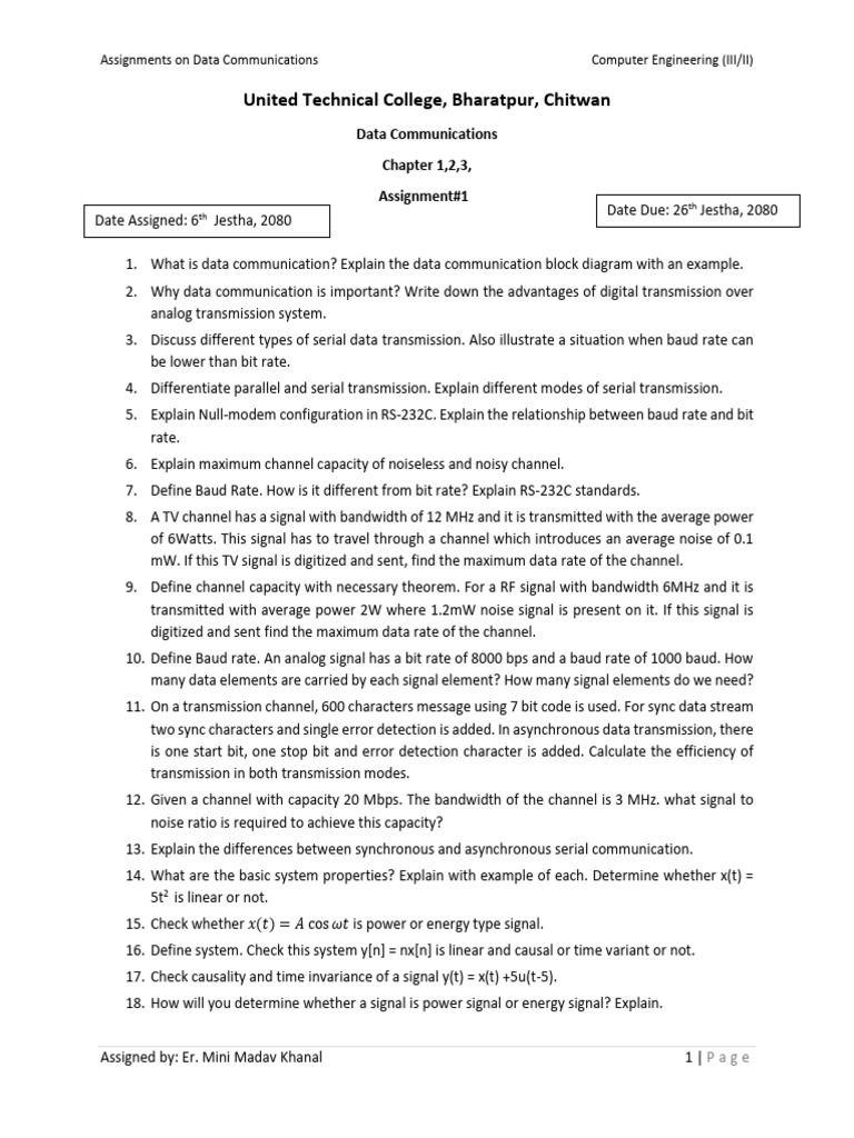 Data Communications Assignment1 Pdf Bit Rate Computer Engineering