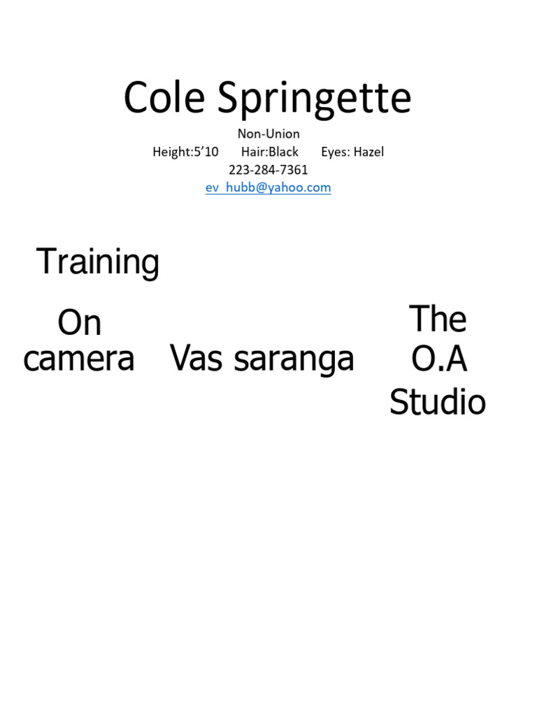 Cole Springette: Training On Camera Va S Saranga The O.A Studio | PDF