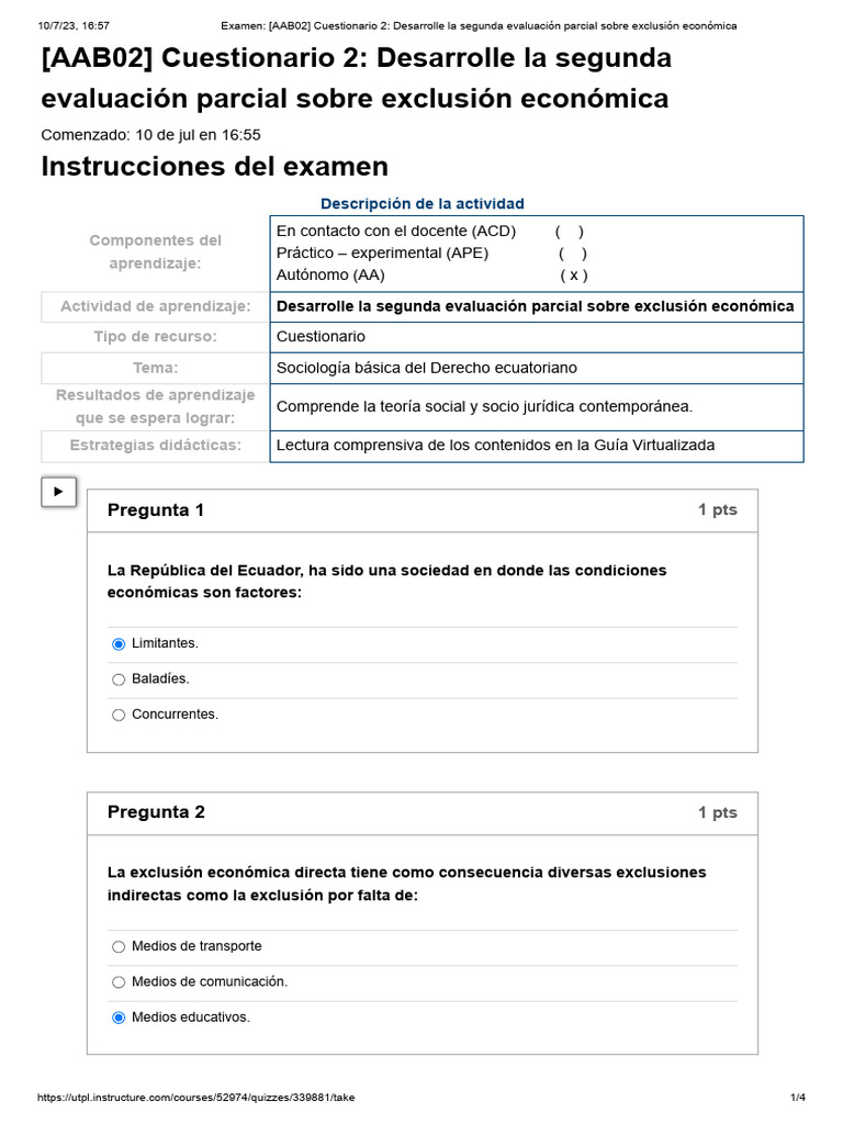 Examen - (AAB02) Cuestionario 2 - Desarrolle La Segunda Evaluación Parcial Sobre Exclusión ...
