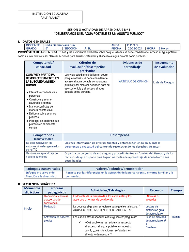 SESION 1 DPCC Terminado | PDF | Evaluación | Aprendizaje