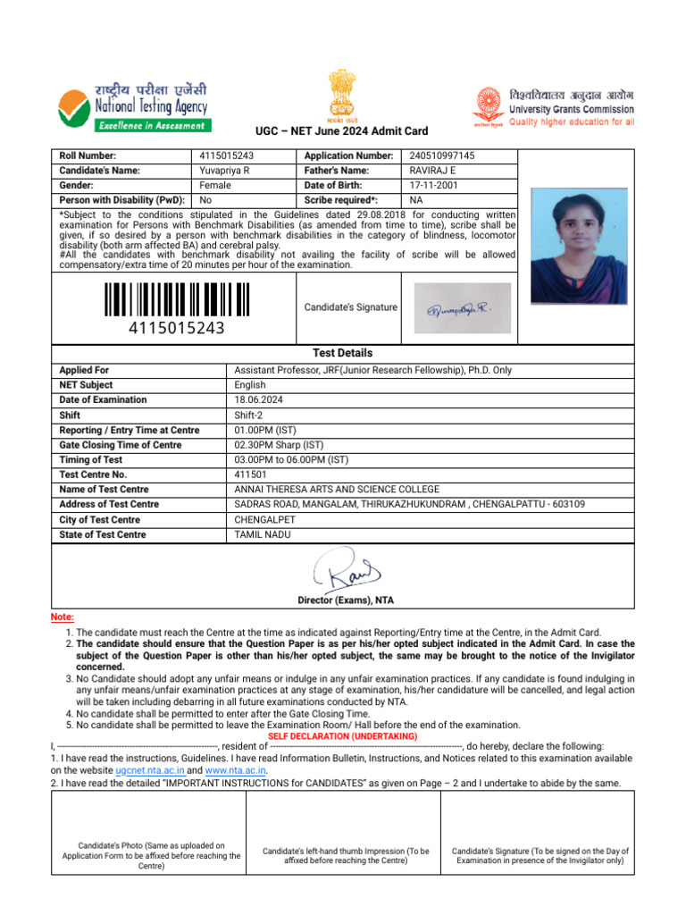 UGC - NET June 2024 Admit Card: Ugcnet - Nta.ac - in WWW - Nta.ac - in | PDF | Identity Document ...