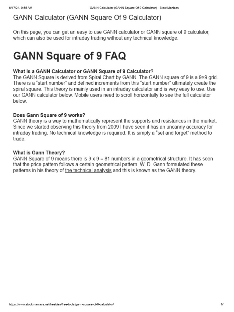 GANN Calculator (GANN Square of 9 Calculator) - StockManiacs | PDF