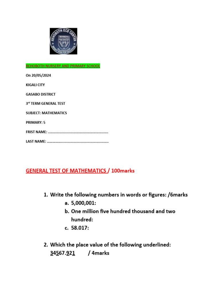 P5 Mathematics Test | Download Free PDF | Volume | Elementary Mathematics