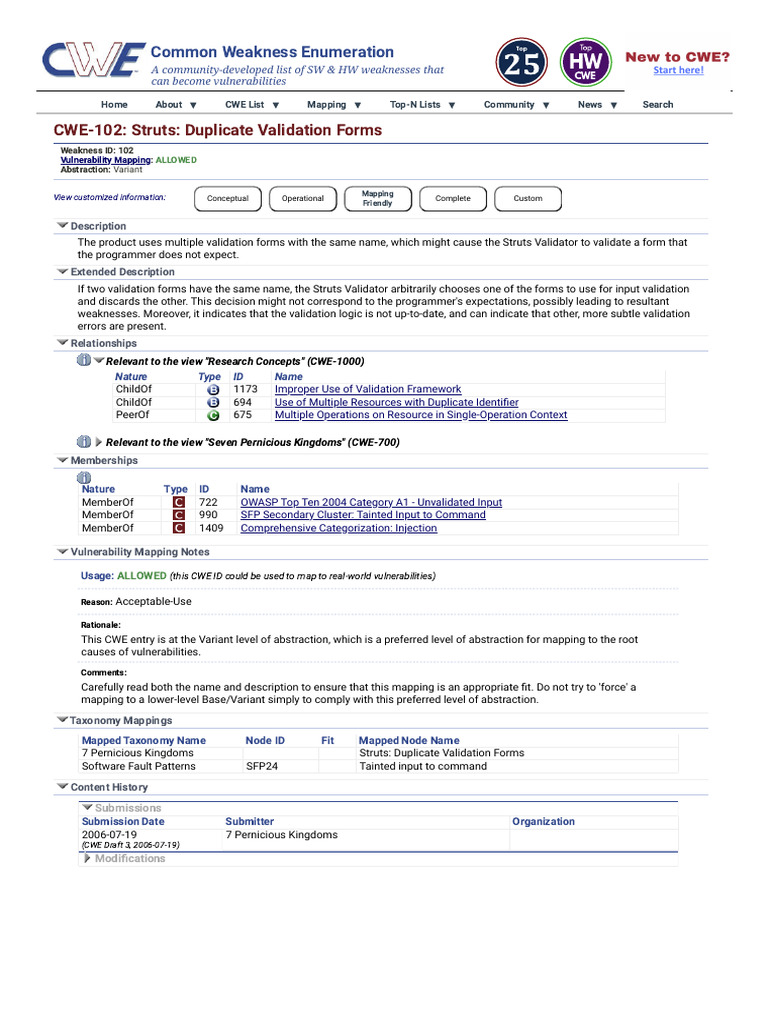CWE - CWE-102 - Struts - Duplicate Validation Forms (4.14) | PDF | Abstraction | Software ...