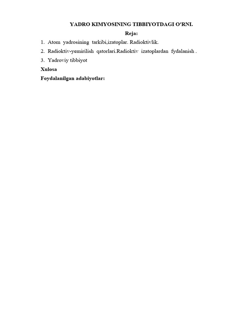 Yadro Kimyosining Tibbiyotdagi O'rni. Reja | PDF