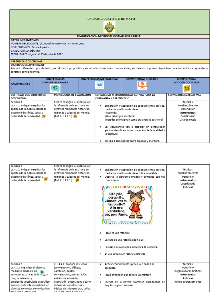 LENGUA Y LITERATURA Planificacion 1 Parcial Décimo | PDF | Aprendizaje ...