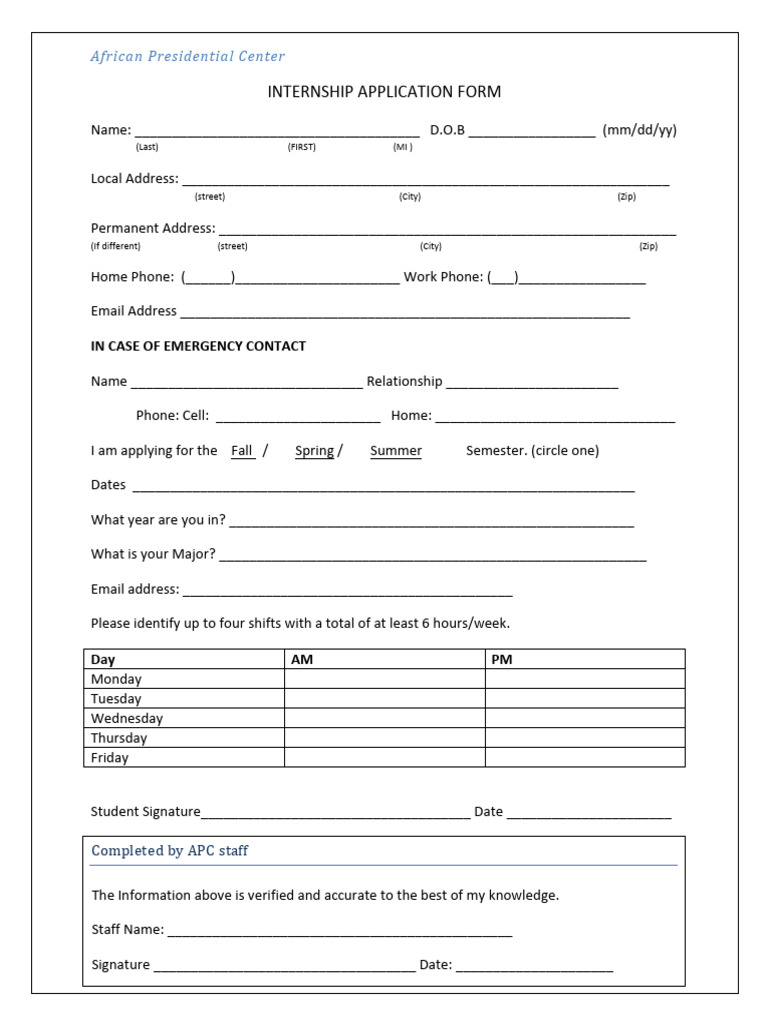 APC Internship Application Form | PDF