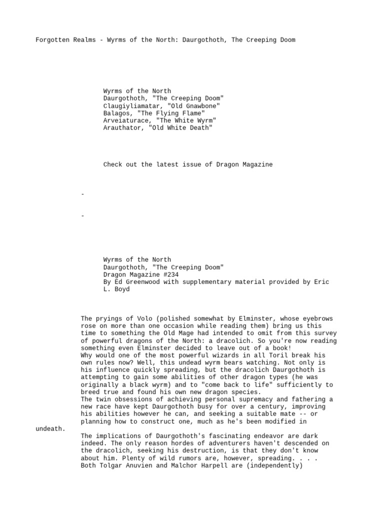 Forgotten Realms - Wyrms of The North Daurgothoth, The Creeping Doom ...