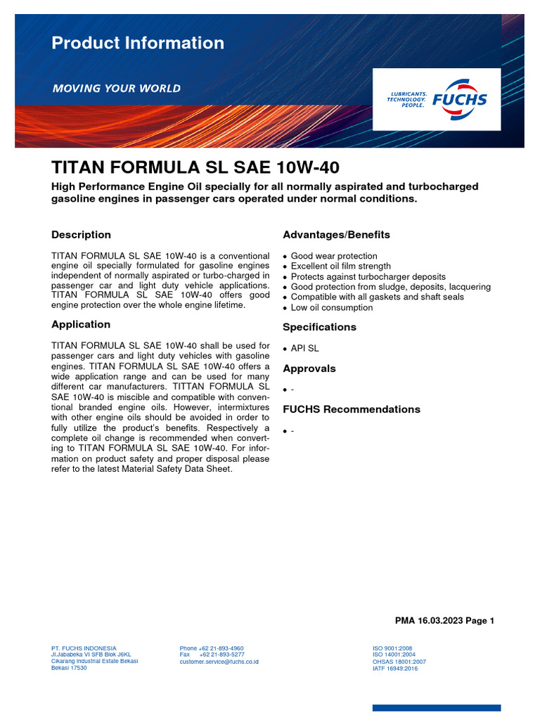 TITAN FORMULA SL SAE 10W-40 Overview | PDF | Motor Oil | Mechanical ...