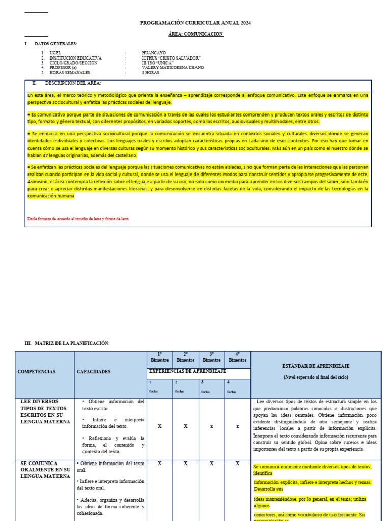 Programación Curricular Anual 2024 - 1ro Comunicacion | PDF | Aprendizaje | Evaluación