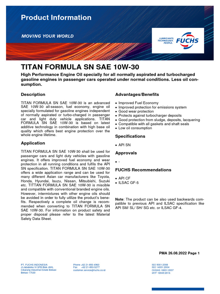 Pi - Titan Formula SN Sae 10W-30 - 08.22 | PDF | Motor Oil | Motor Vehicle