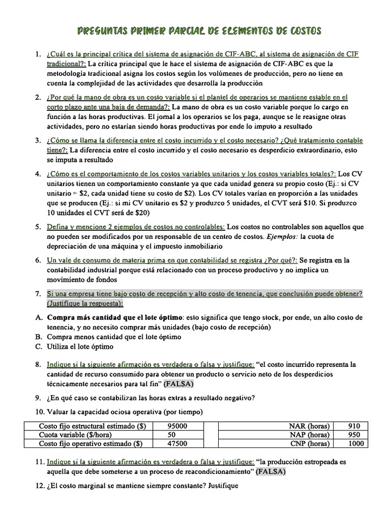 Preguntas Primer Parcial de Elementos de Costos | PDF