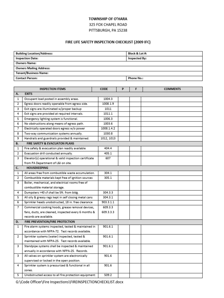 Building Fire Life Safety Inspection Checklist | PDF | Fire Sprinkler ...