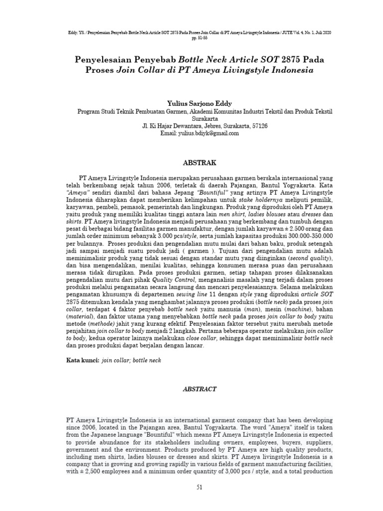 Penyelesaian Penyebab Bottle Neck Article SOT 2875 Pada Proses Join Collar Di PT Ameya ...