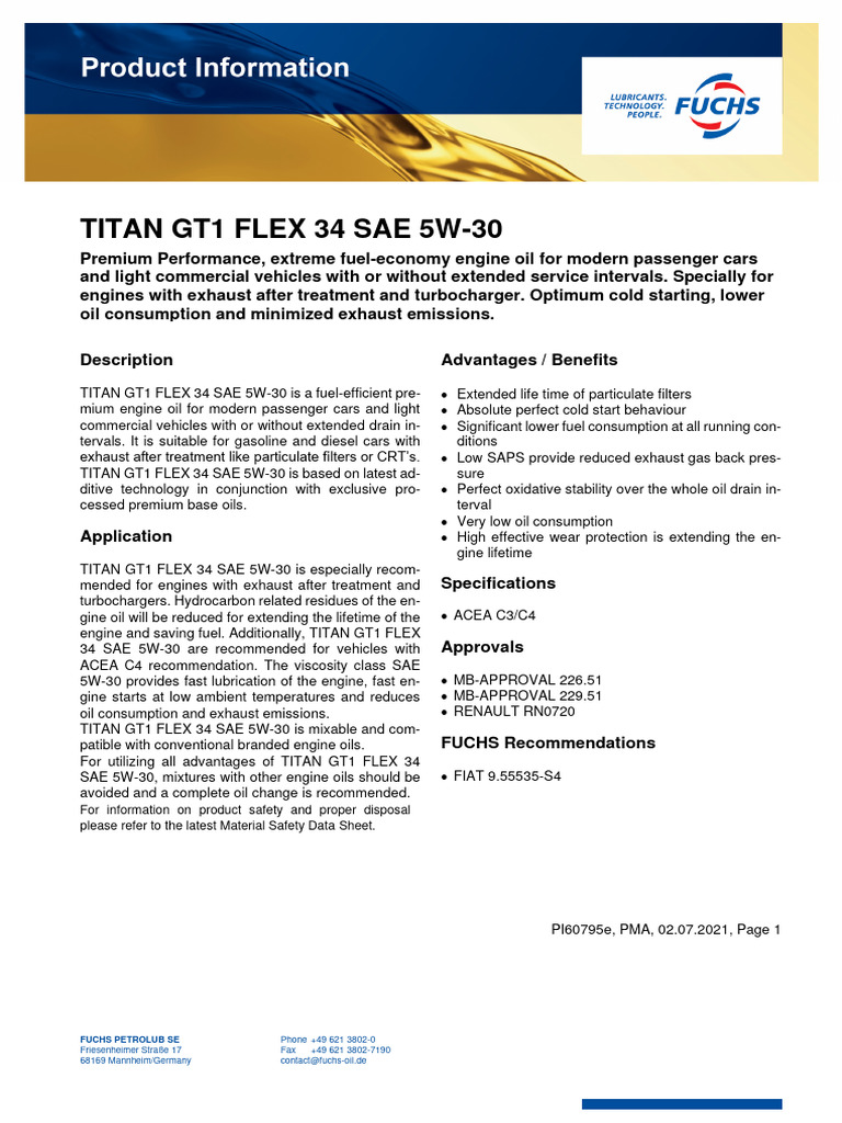 Pi - Titan GT1 Flex 34 5W-30 | PDF | Motor Oil | Engineering