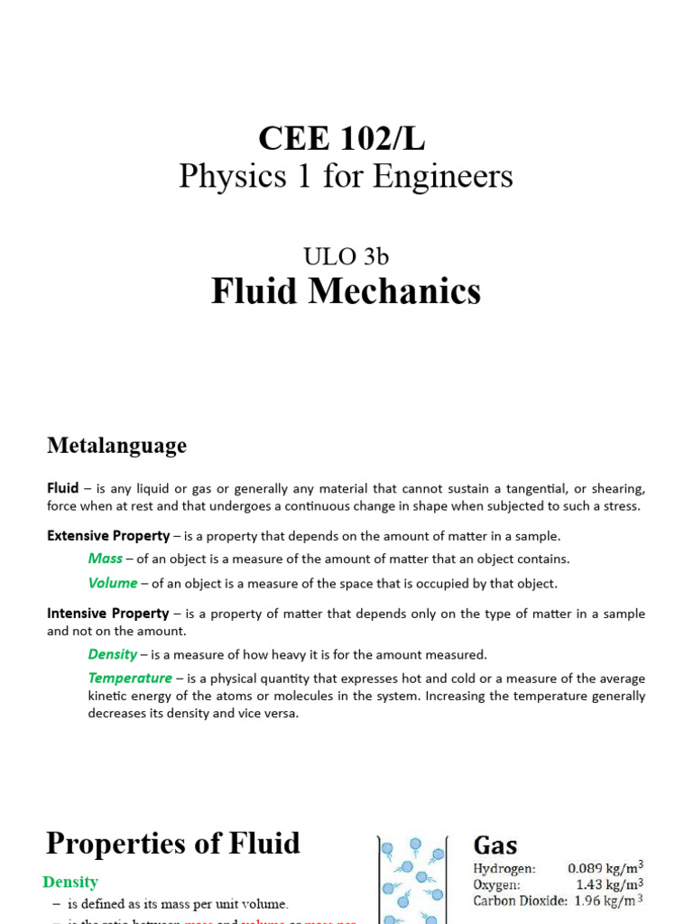 ULO 2c Fluid Mechanics | PDF | Pressure | Density