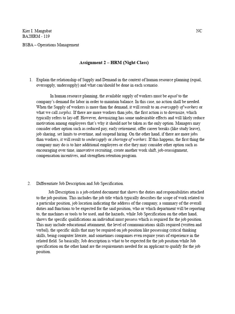 Assignment 2 – Hrm (Night Class) - Kier Mangubat | PDF | Human Resource ...