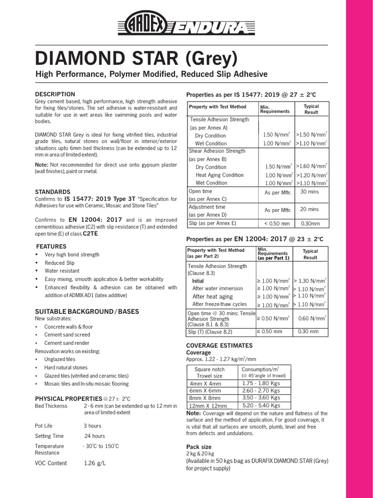 Diamond Star Grey TDS | PDF | Tile | Adhesive