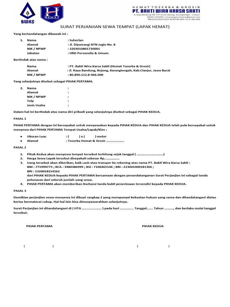 Surat Perjanjian Sewa Lapak | PDF