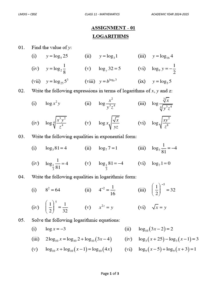 Class 11-Mathematics-Assignment 01-Logarithms | PDF | Ph | Logarithm