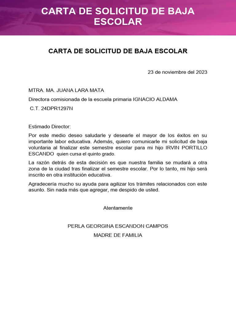 Solicitud de Baja Escolar para Irvin Portillo | PDF | Salud y bienestar