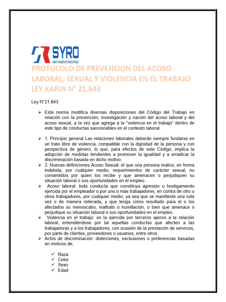 Protocolo Ley 21.643 | PDF | Acoso sexual | Violencia