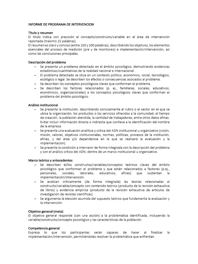 Informe de Programa de Intervencion | Descargar gratis PDF | Evaluación | Sicología
