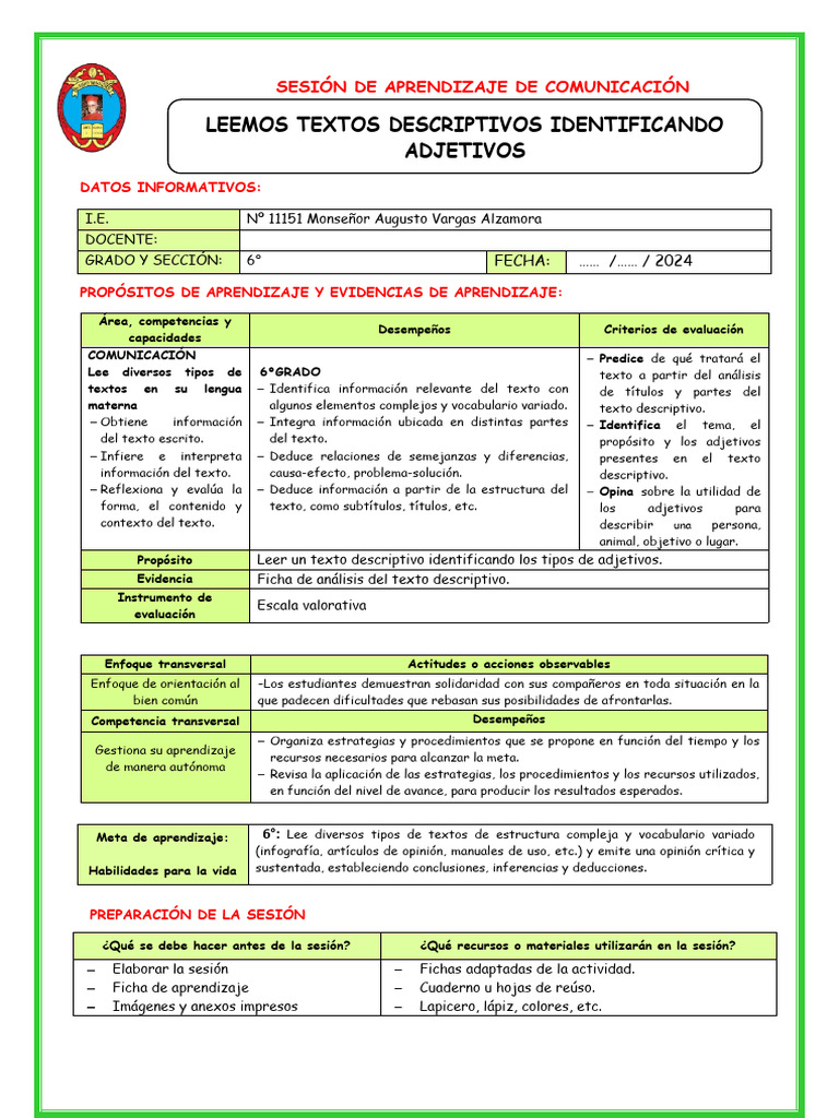 Sesion #1 Comun-Leemos Textos Descriptivos Identificando Adjetivos | PDF | Evaluación | Aprendizaje