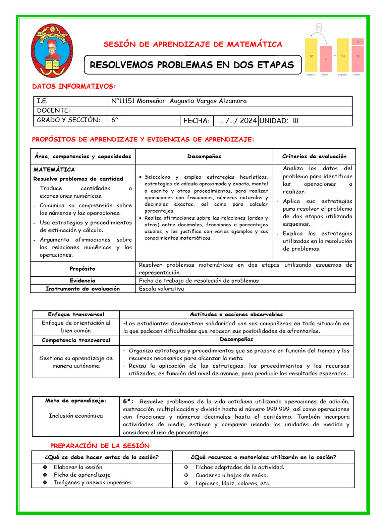 SESIÓN N° 2 MAT-RESOLVEMOS PROBLEMAS EN DOS ETAPAS | PDF | Evaluación | Aprendizaje