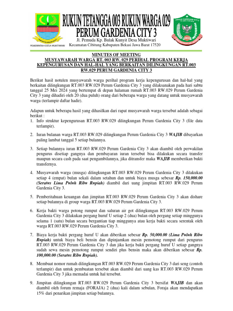 MOM Musga RT. 003 RW. 029 Tanggal 25 Mei 2024 Perum Gardenia City 3 | PDF